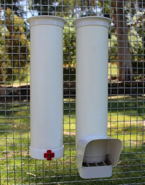 Hanging Tube Drinker And Feeder Poultry Feeding Bucket with Rain Cover ...